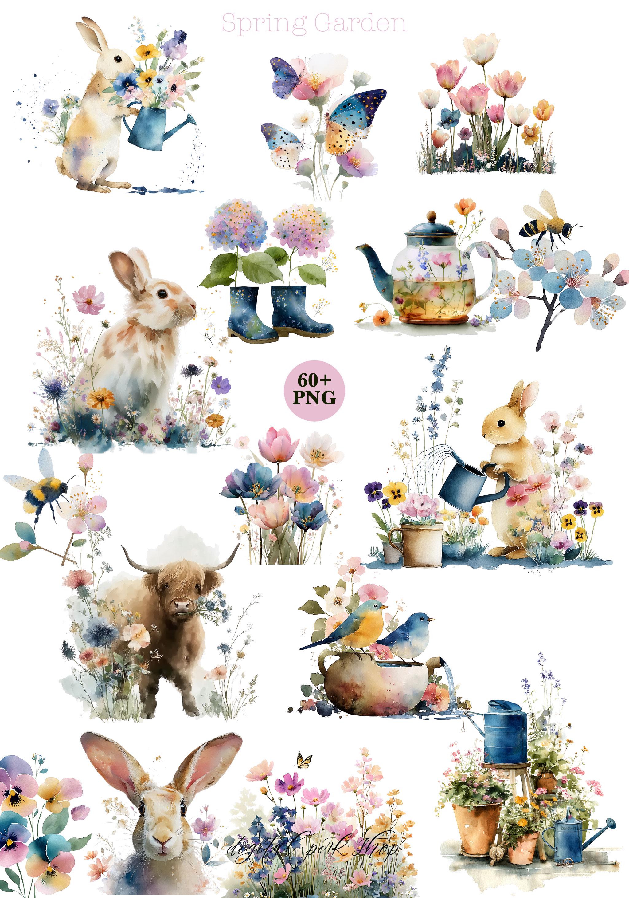 Spring Garden Clipart PNG, Easter Bunny Clipart, Watercolor Spring ...