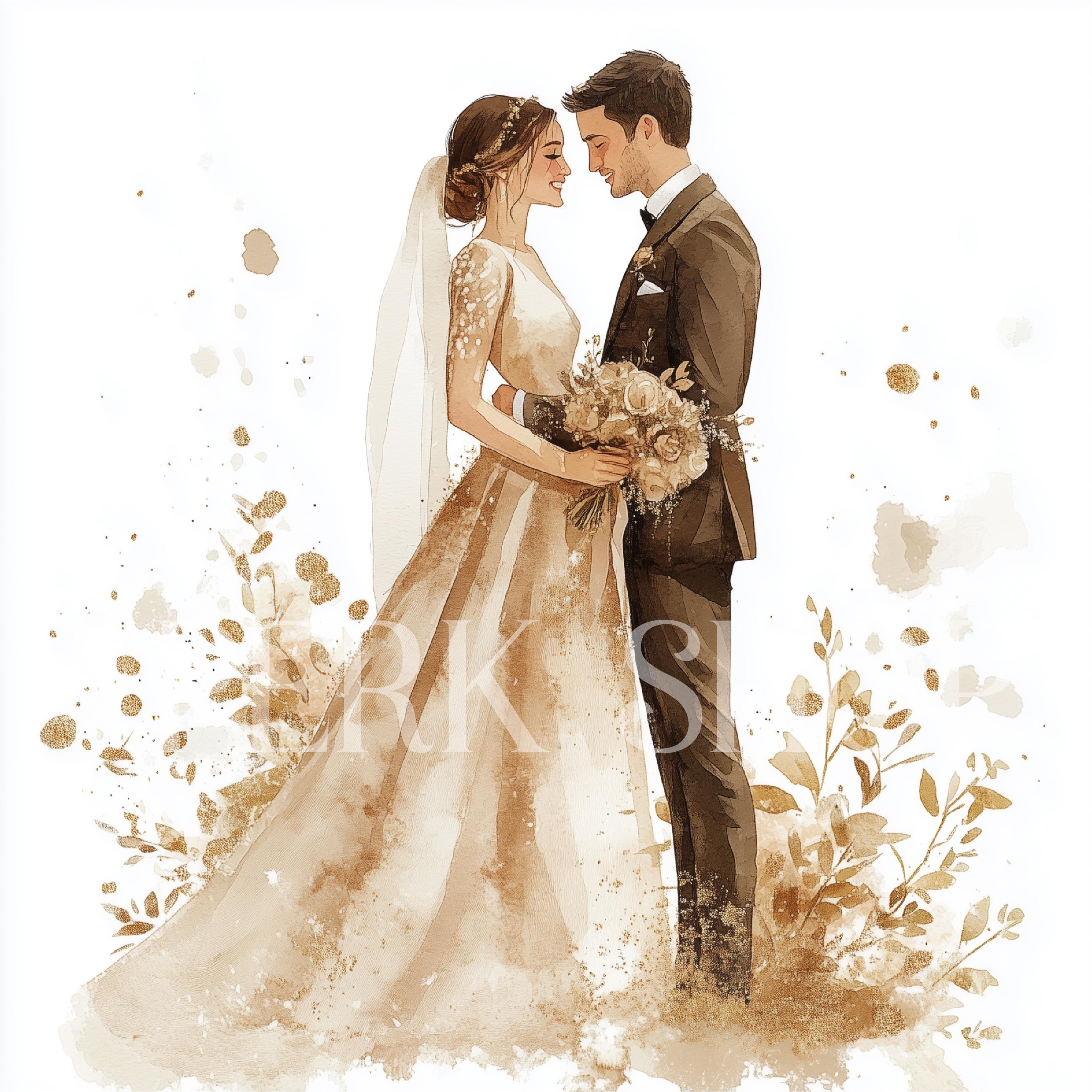 Autumn Wedding Couple Watercolor Clipart: Beige Invitation Design ...