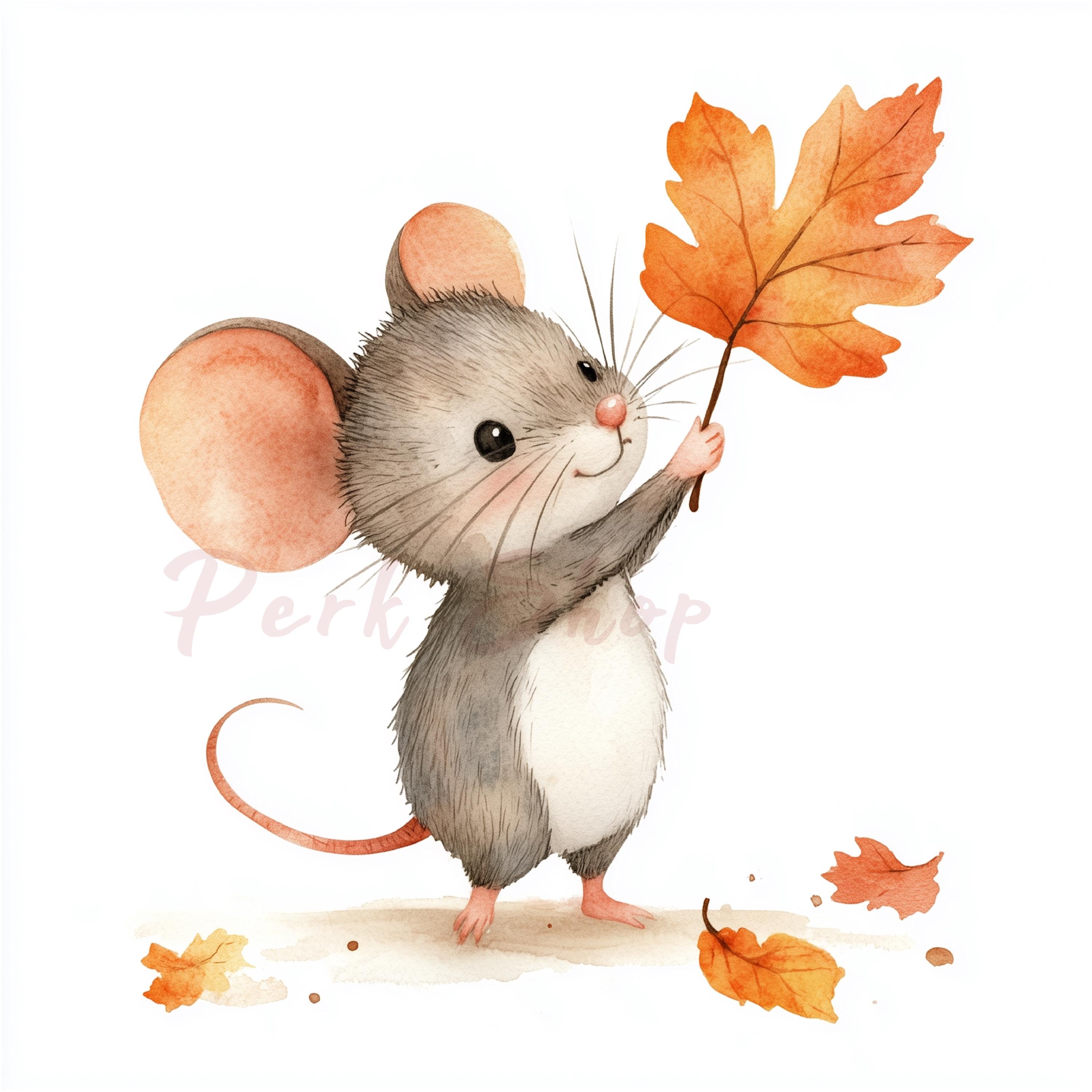 17 Mouse With Autumn Leaf Clipart, Watercolor Animal, Pumpkin Fall ...