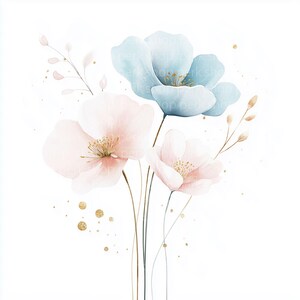 11 Pink Blue Flower Clipart, Pink Gold Flowers Print, Floral Printable ...