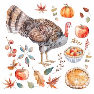 Thanksgiving Turkey Autumn Clipart, Floral Fall Watercolor, Printable ...