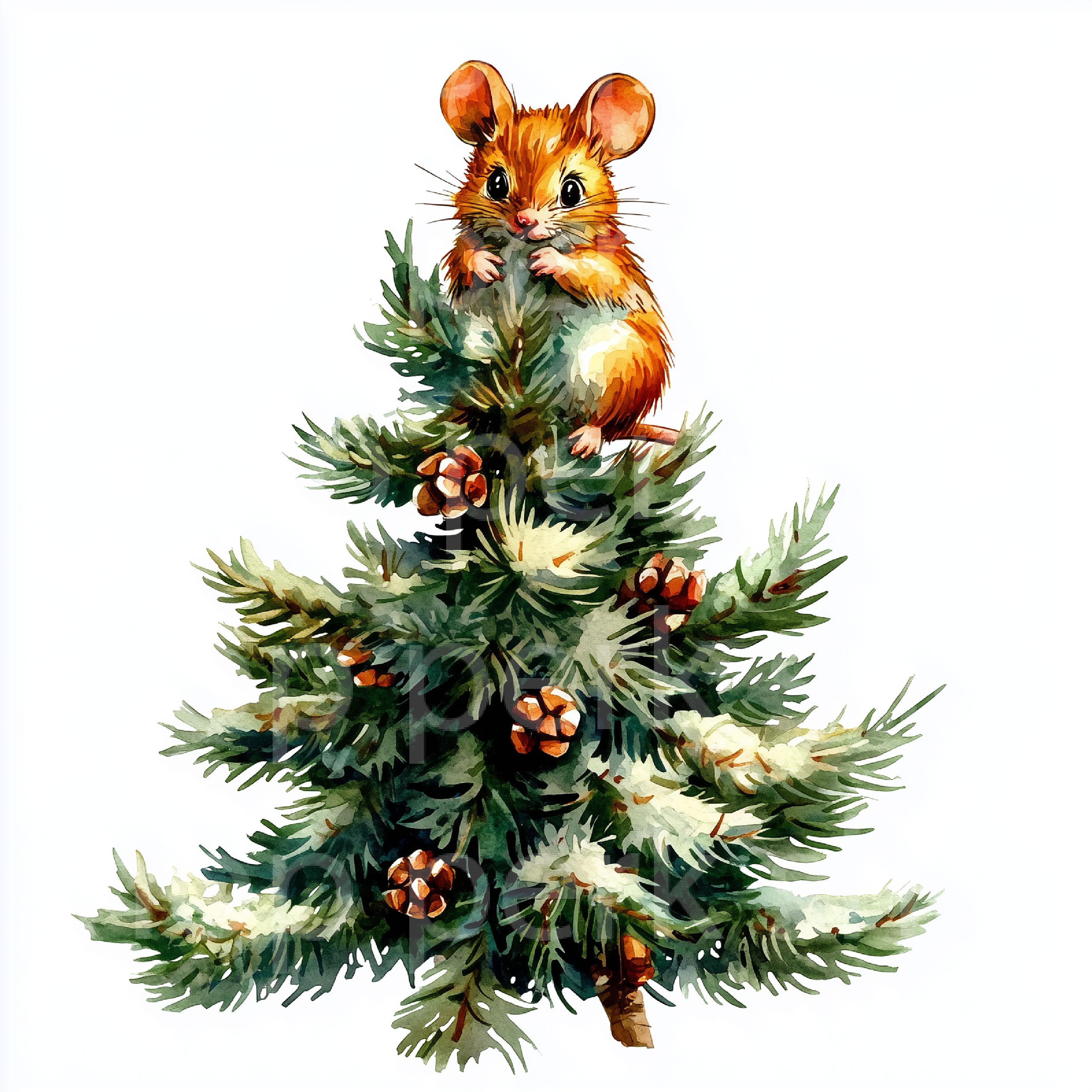 8 Christmas Tree Mice Clipart, Mouse Winter Decor Watercolor Art ...