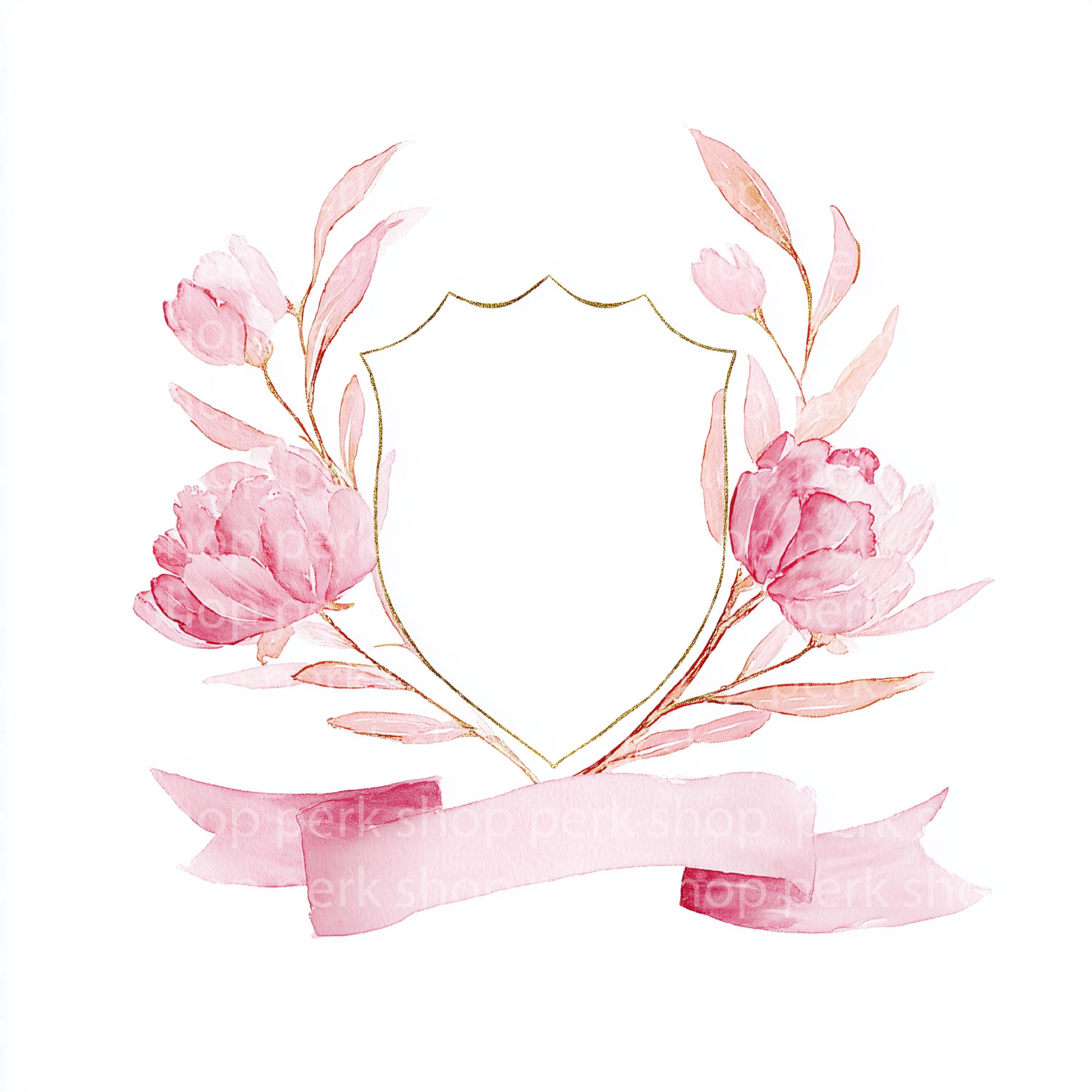Pink Floral Crest Watercolor Clipart - Peony Wedding Shield Frame ...