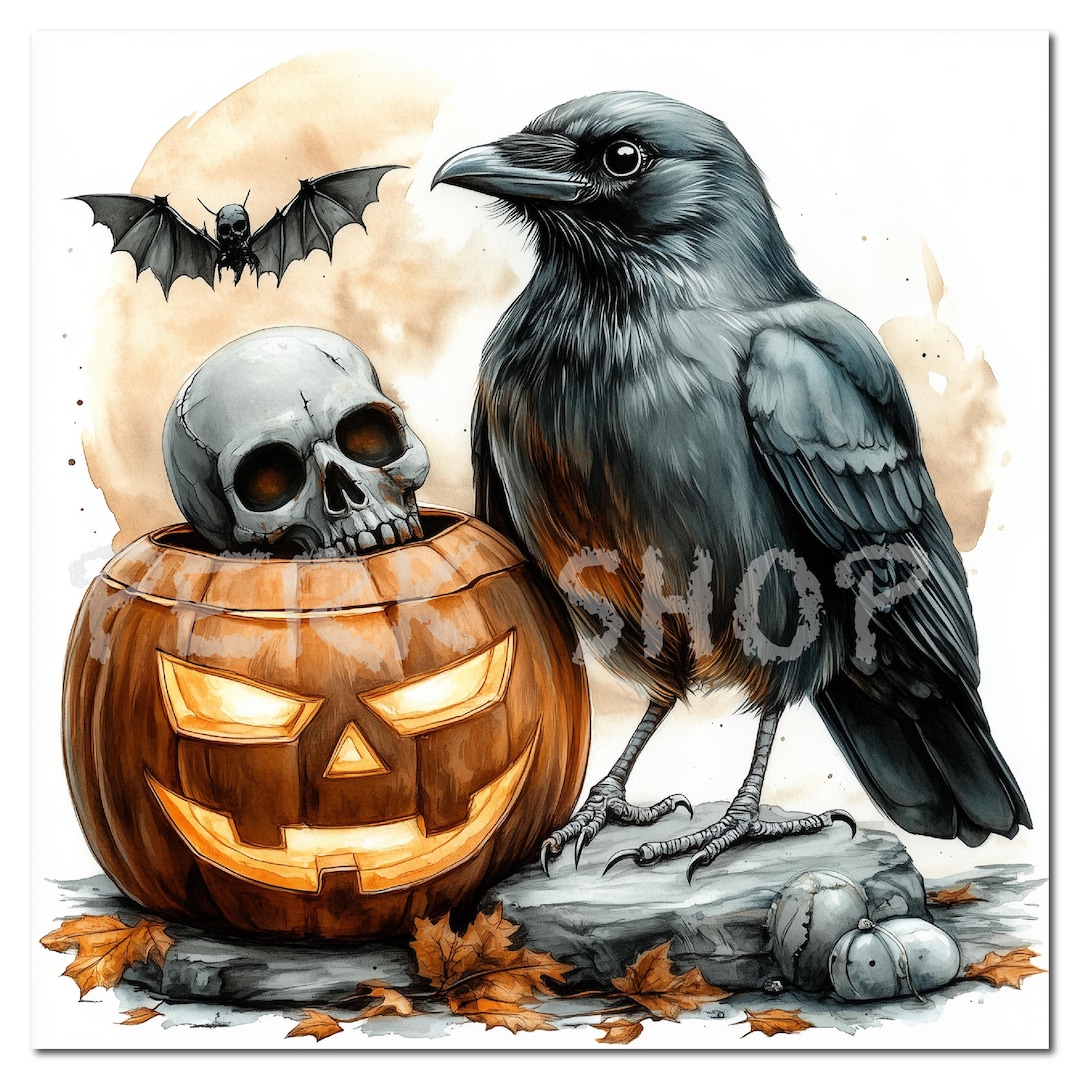 Halloween Crow Clipart: Spooky Raven Skeleton Watercolor (digital ...