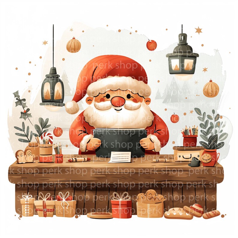 8 Cute Watercolor Santa Reading Letters Clipart | Christmas ...