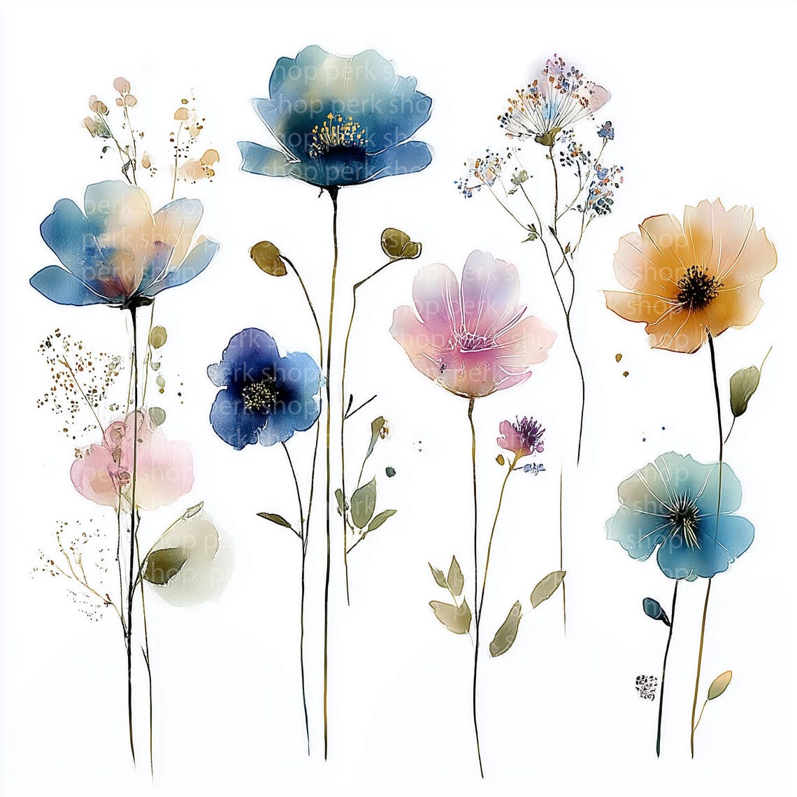 Blue Watercolor Flower Clipart, Printable Floral Illustration, Modern ...