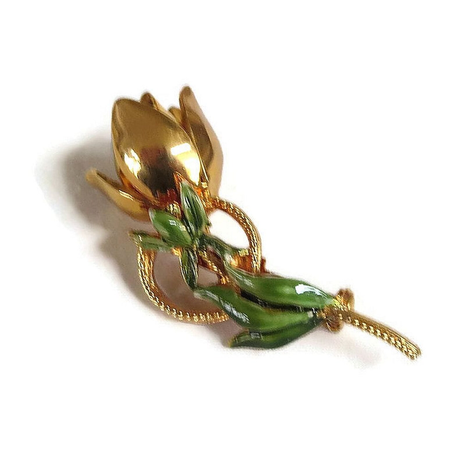 Green Enamel Tulip Flower Brooch Vintage With Clear Rhinestone - Etsy