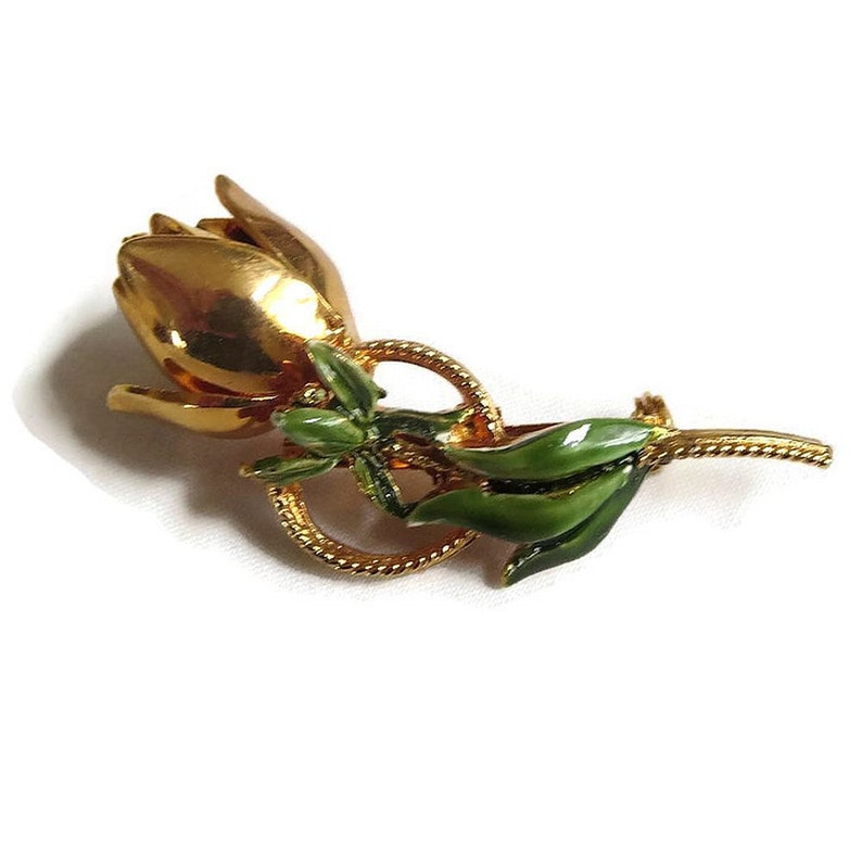 Green Enamel Tulip Flower Brooch Vintage With Clear Rhinestone - Etsy