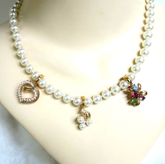 White Glass Pearls Necklace with Rhinestones & Pearls… - Gem