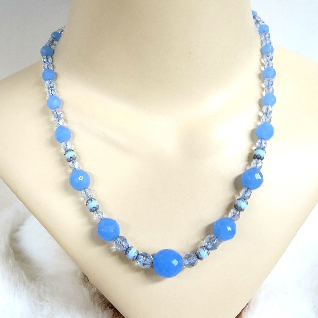 Single Strand Graduated Frosted Blue Glass Crystals Beaded Necklace ...
