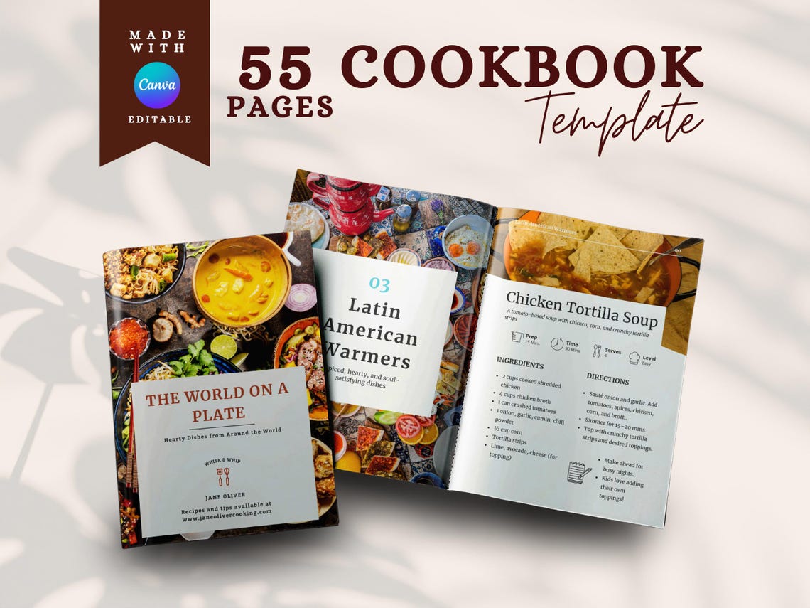 Editable Cookbook Template: 55 Recipe Pages, Canva Workbook (digital ...