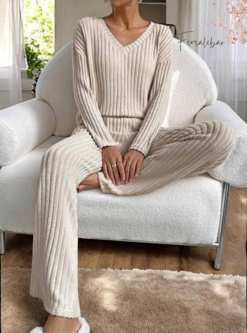 Women's Pajamas, Ribbed Luxury Pajama Set, Minimalist PJ Set, Ribbed ...