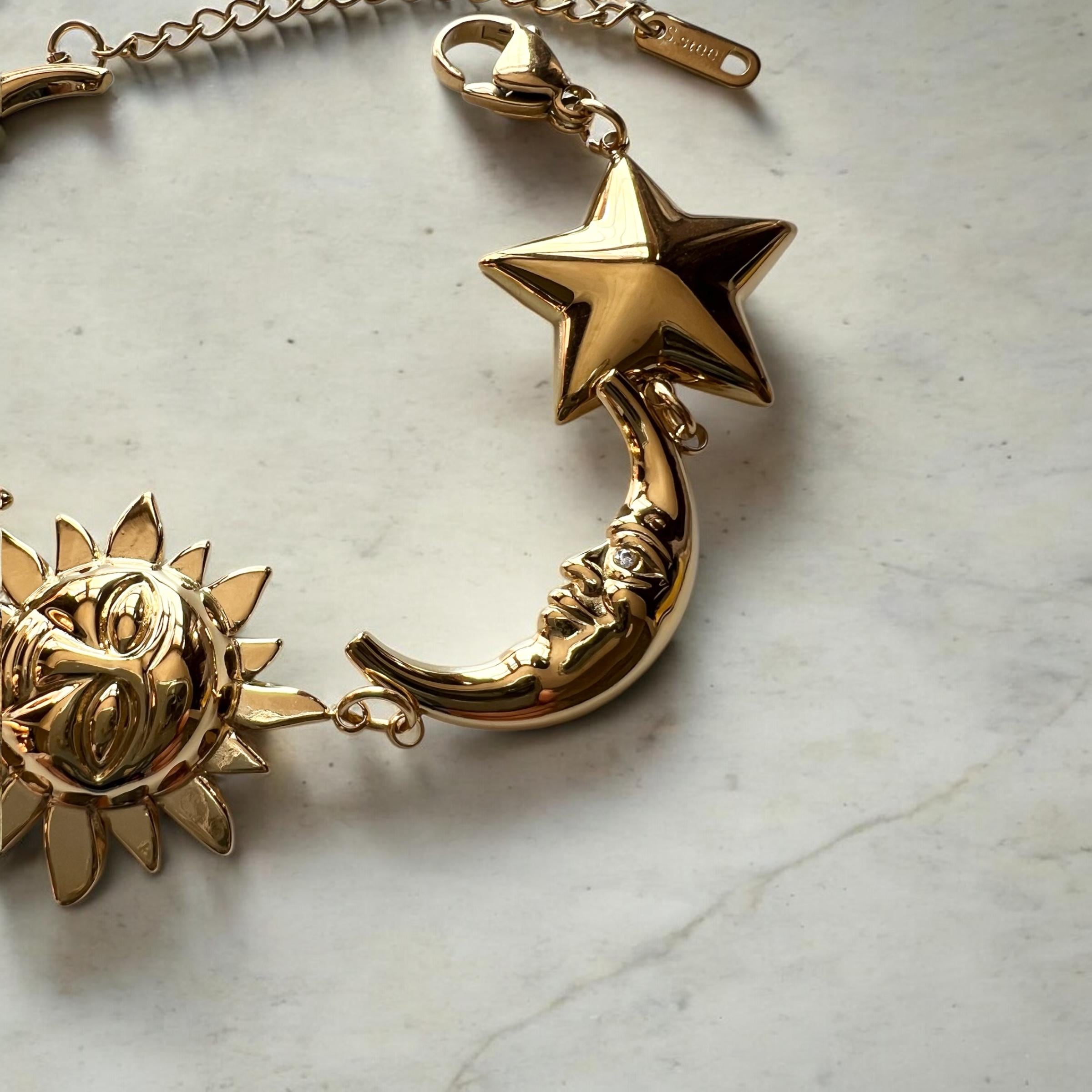 Premium Chunky Sun Moon and Stars Bracelet - Waterproof Celestial Charm ...