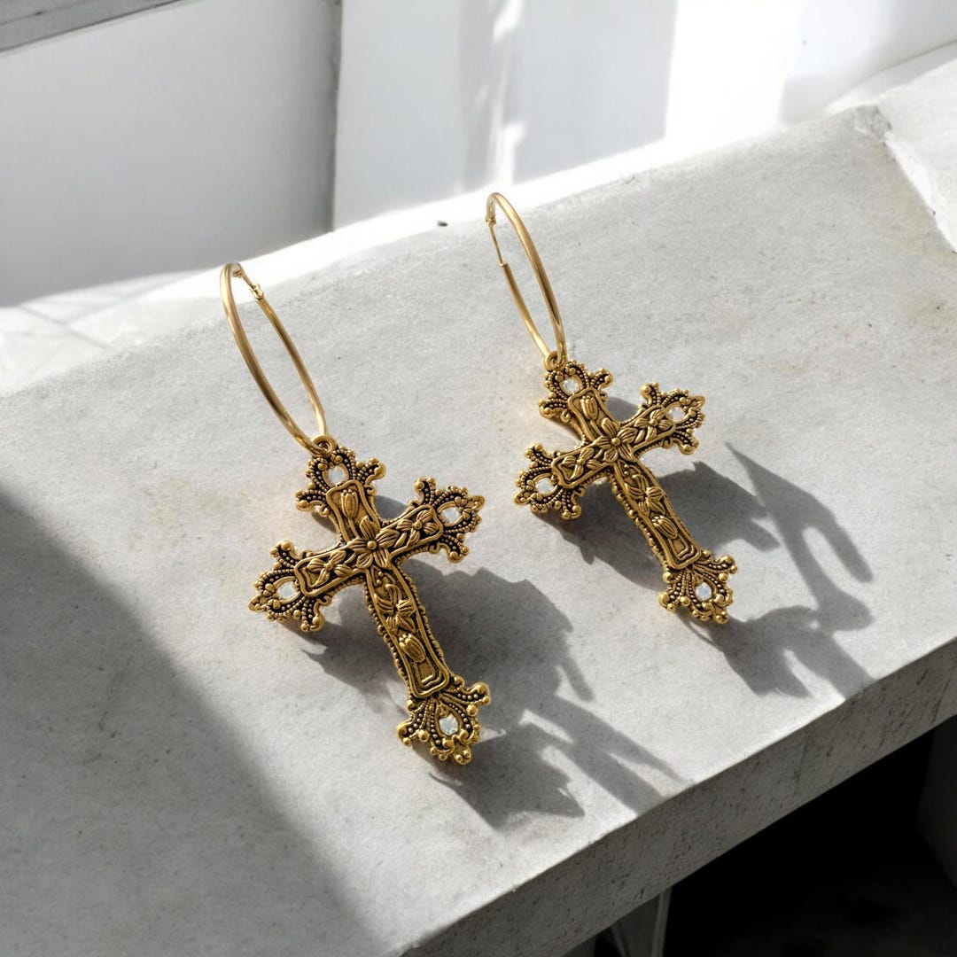 Large Gothic Cross Hoop Earrings - Cross Earrings - Gifts for Her - Etsy