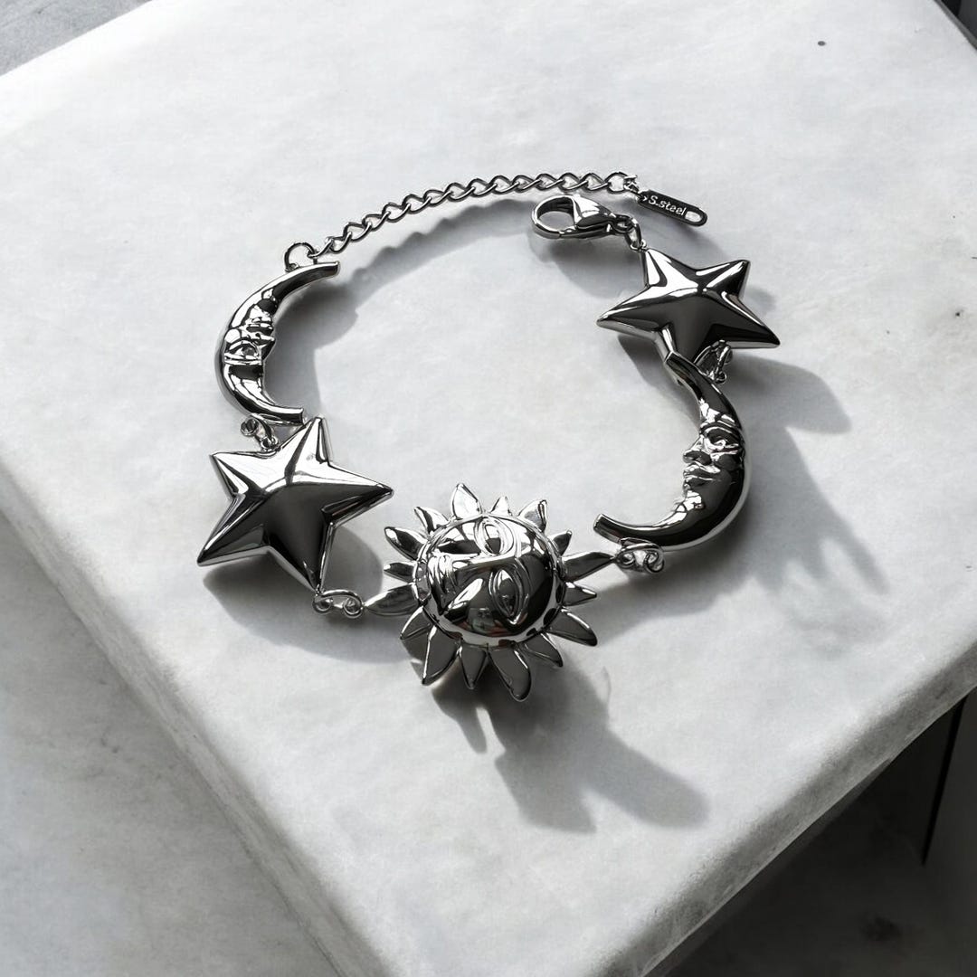 Premium Chunky Sun Moon and Stars Bracelet - Waterproof Celestial Charm ...