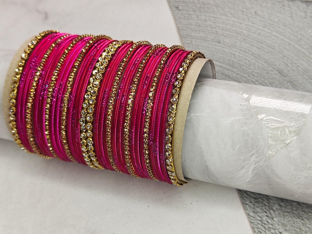 Hot Pink and Golden Indian Bangle Set, Pakistani and Indian Bangles for ...