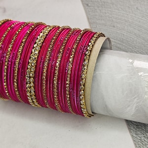 Hot Pink and Golden Indian Bangle Set, Pakistani and Indian Bangles for ...