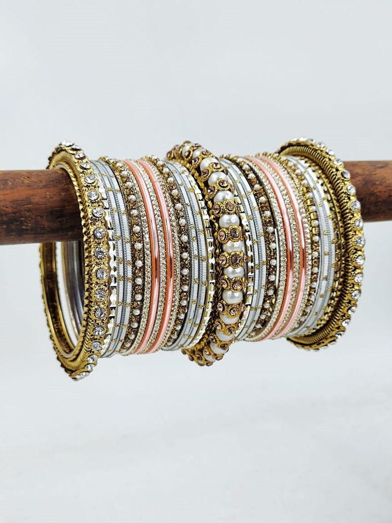 Grey and Peach Bridal Bangle Set, Pearl Kada, Indian Jewelry - Etsy