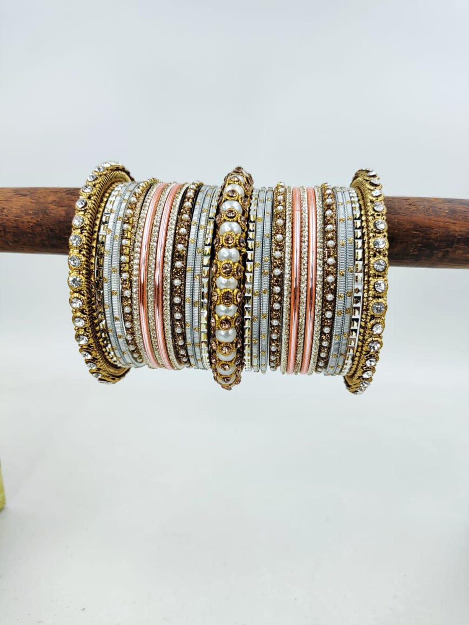 Grey and Peach Indian Bridal Bangles Set, Pearl Kada, Bridesmaid ...