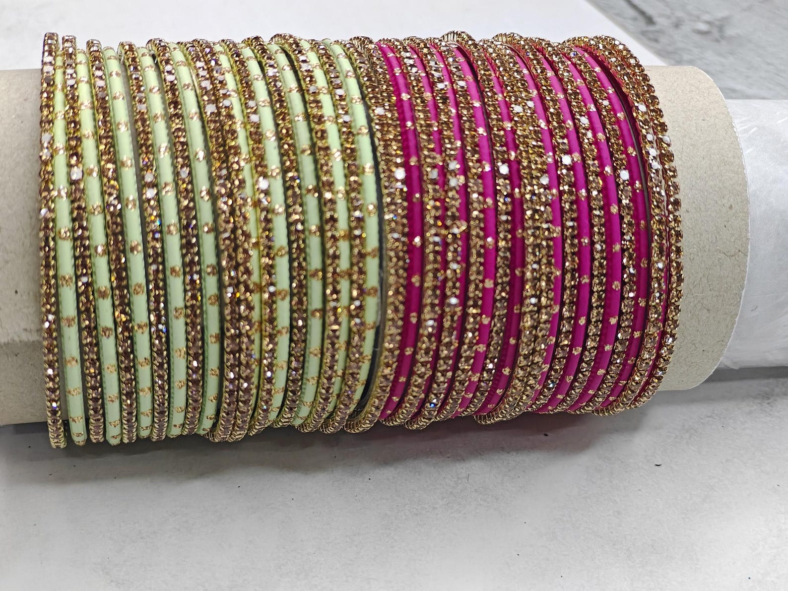 Mint & Rani Pink Indian Bangles, Dotted Golden Stone, Occasion Jewelry ...