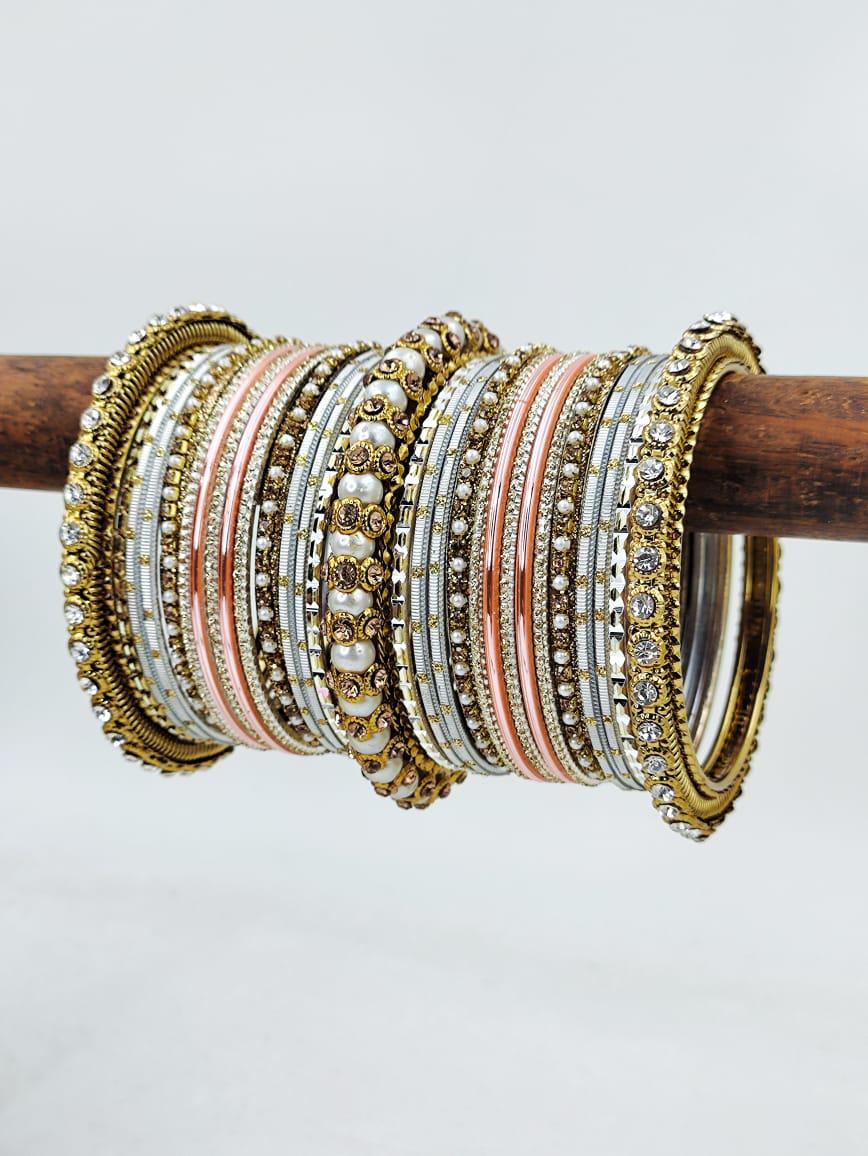 Grey and Peach Bridal Bangle Set, Pearl Kada, Indian Jewelry - Etsy