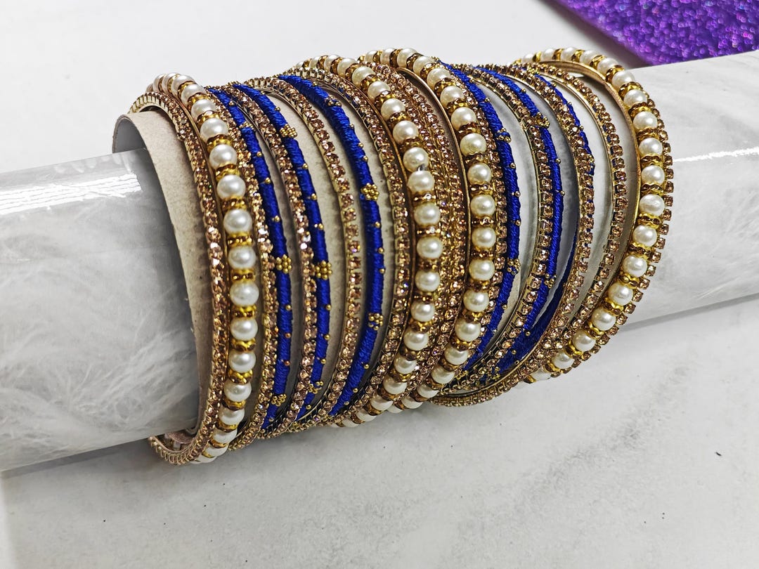Royal Blue & Champagne Pearl Bangle Set – Ethnic Indian Jewelry ...