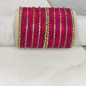 Hot Pink and Golden Indian Bangle Set, Pakistani and Indian Bangles for ...
