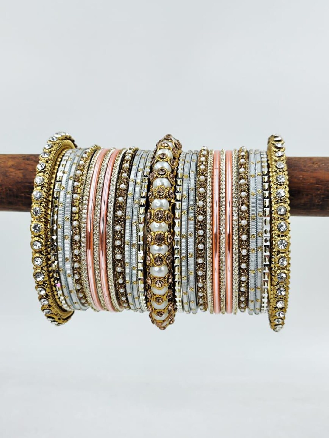 Grey and Peach Bridal Bangle Set, Pearl Kada, Indian Jewelry - Etsy