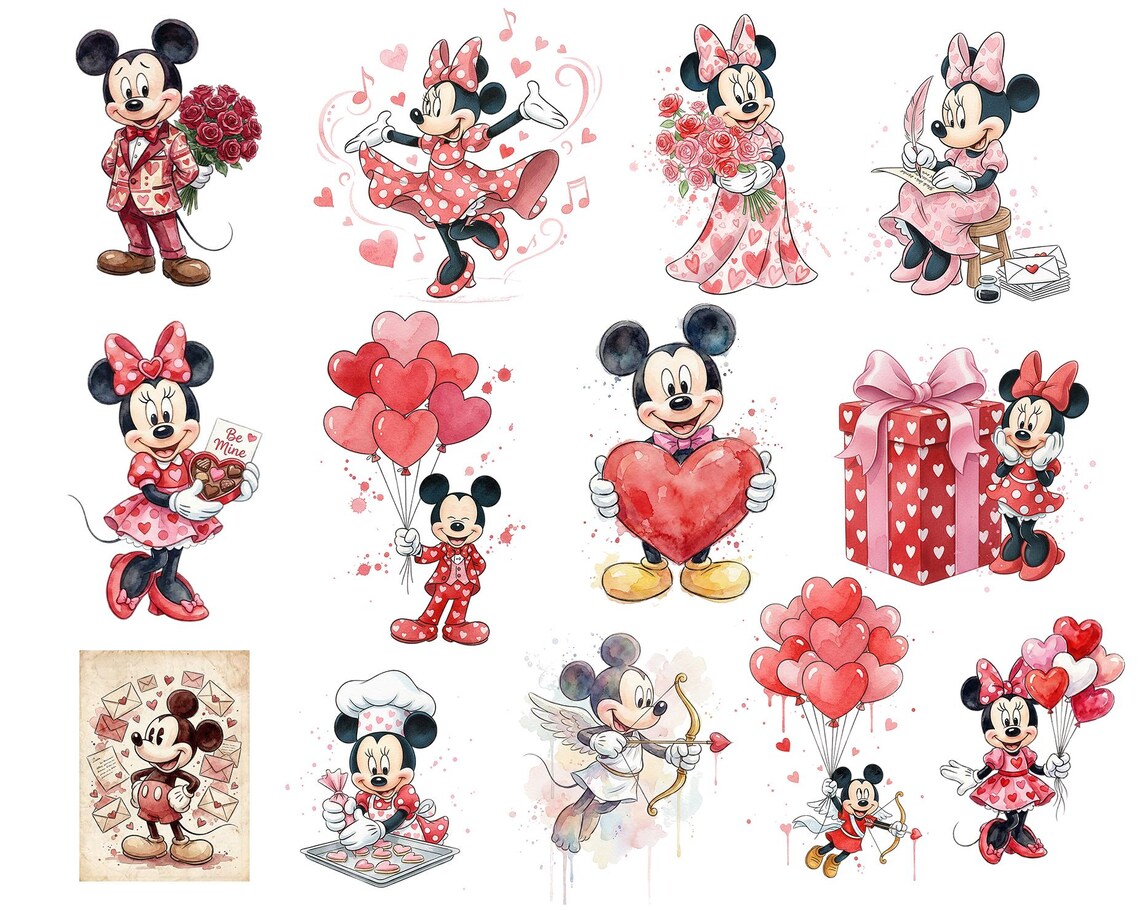 Watercolor Mic.key Min.nie Valentine Png Bundle, Happy Valentine Day ...