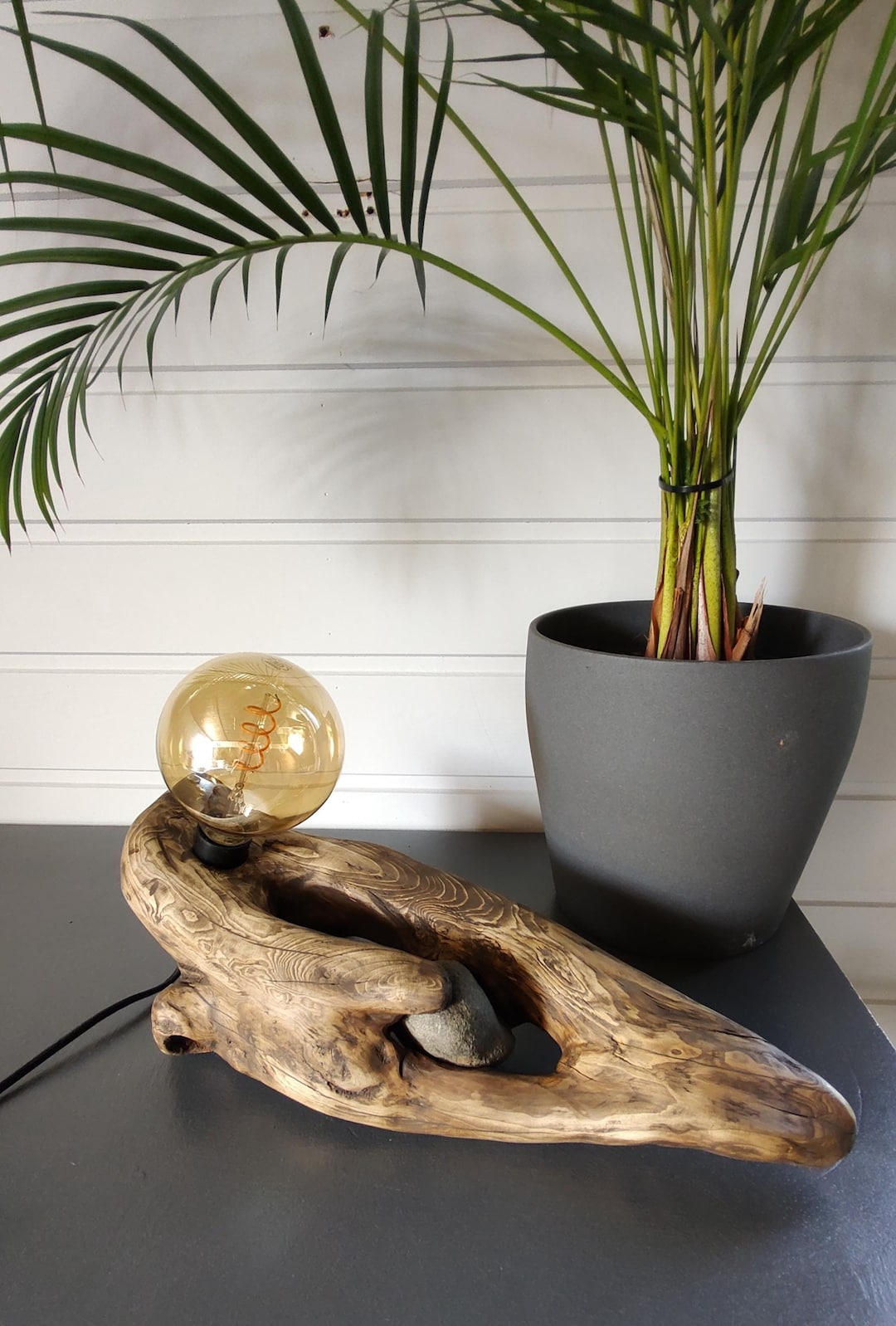 Wooden Handcraft Lamp With a Stone Embedded Inside Natural Rustic Style ...