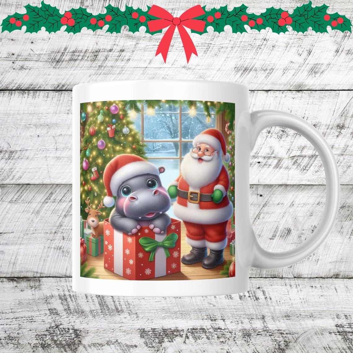 Santa Claus With Hippo Gift Box Christmas Art Print JPG - Etsy