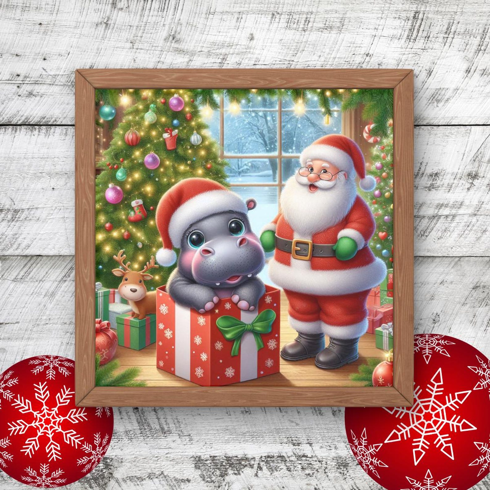 Santa Claus With Hippo Gift Box Christmas Art Print JPG - Etsy