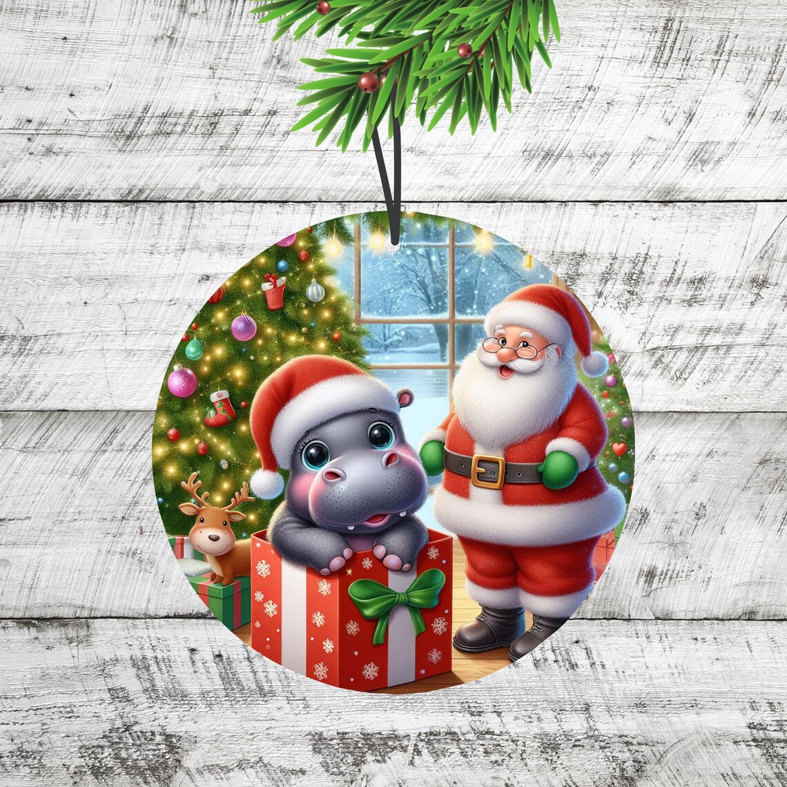 Santa Claus With Hippo Gift Box Christmas Art Print JPG - Etsy