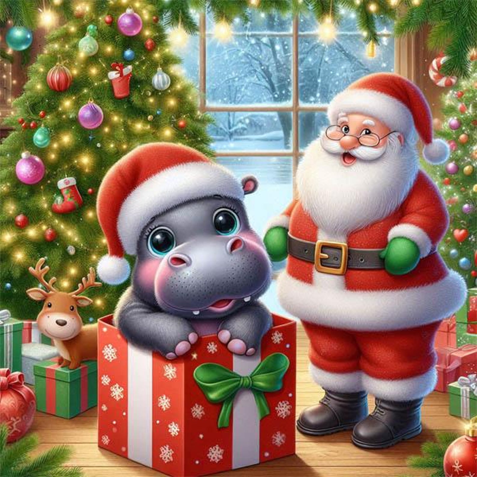 Santa Claus With Hippo Gift Box Christmas Art Print JPG - Etsy