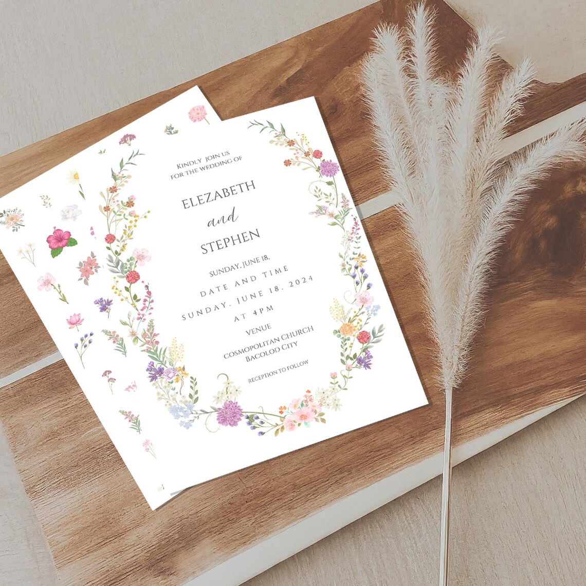 Wildflower Wedding Invitation Template, Printable Wedding Invitation ...
