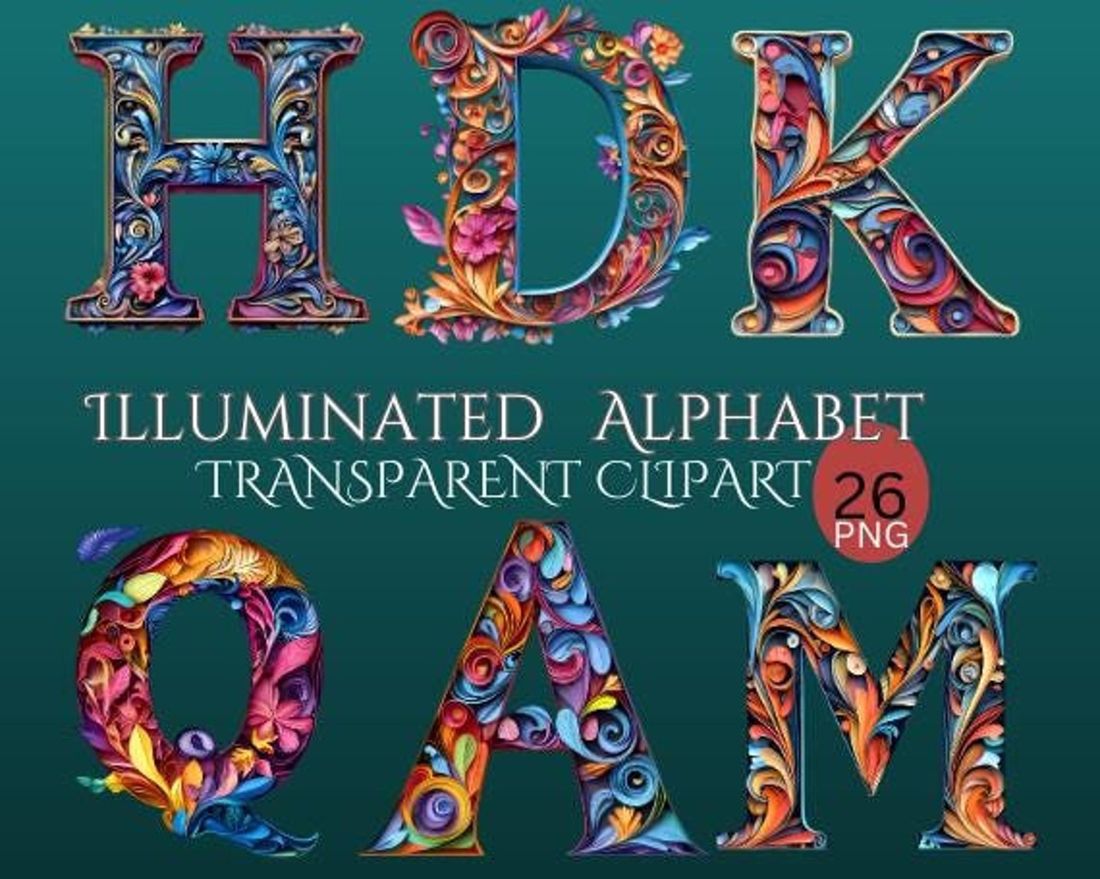26 PNG, Illuminated Letters Bundle Clipart, English Alphabet Floral ...
