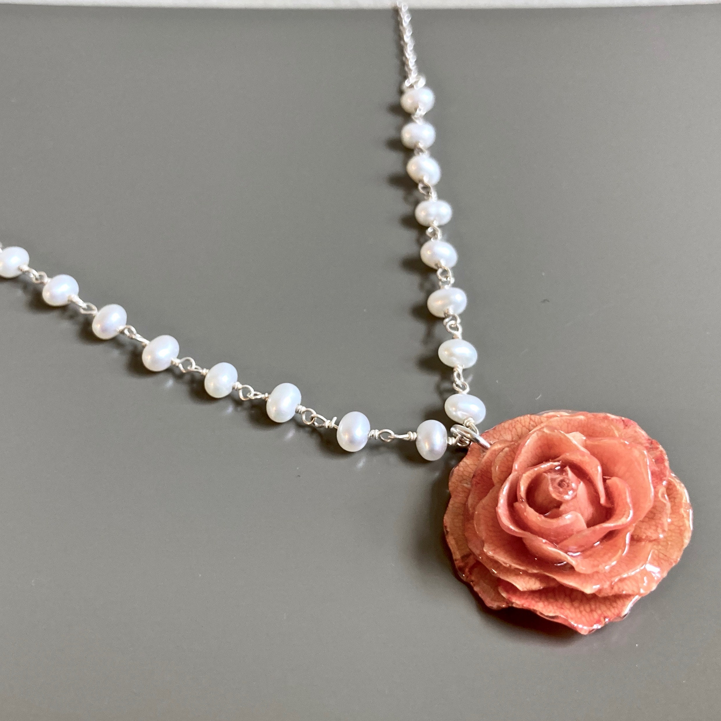 Real Rose Necklace - Pink Rose, Pearl Necklace Real Flower Necklace ...