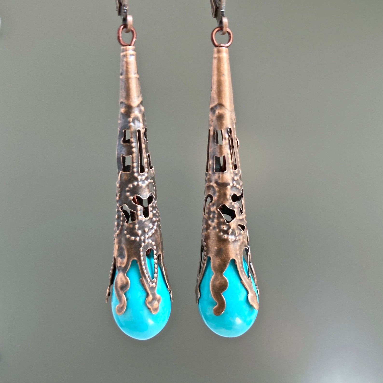 Turquoise Trumpet Earrings - Copper Filigree Earrings, Long Earrings ...