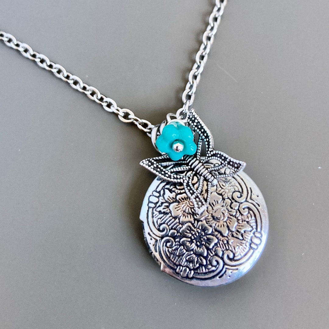 Small Silver Butterfly Locket Necklace - Flower, Turquoise, Botanical ...