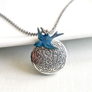 Blue Bird Locket Necklace - Small Locket Necklace, Silver Locket ...