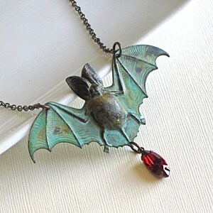Vampire Bat Necklace - Verdigris, Patina Jewelry, Blood Red Jewel ...
