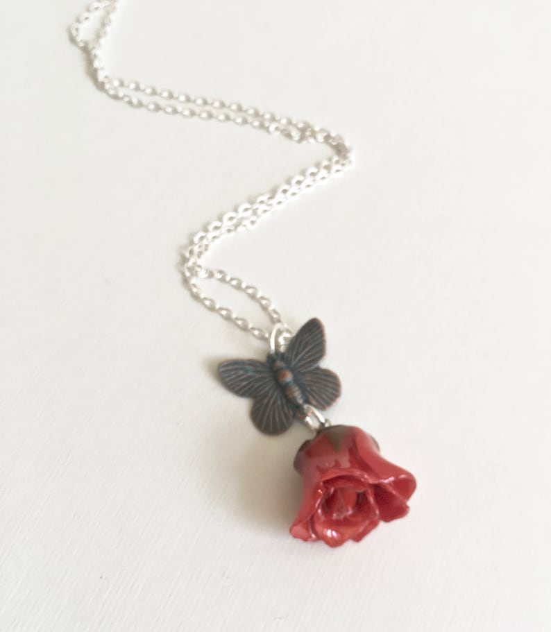 Red Real Rosebud Necklace - Butterfly Necklace, Real Flower Jewelry ...
