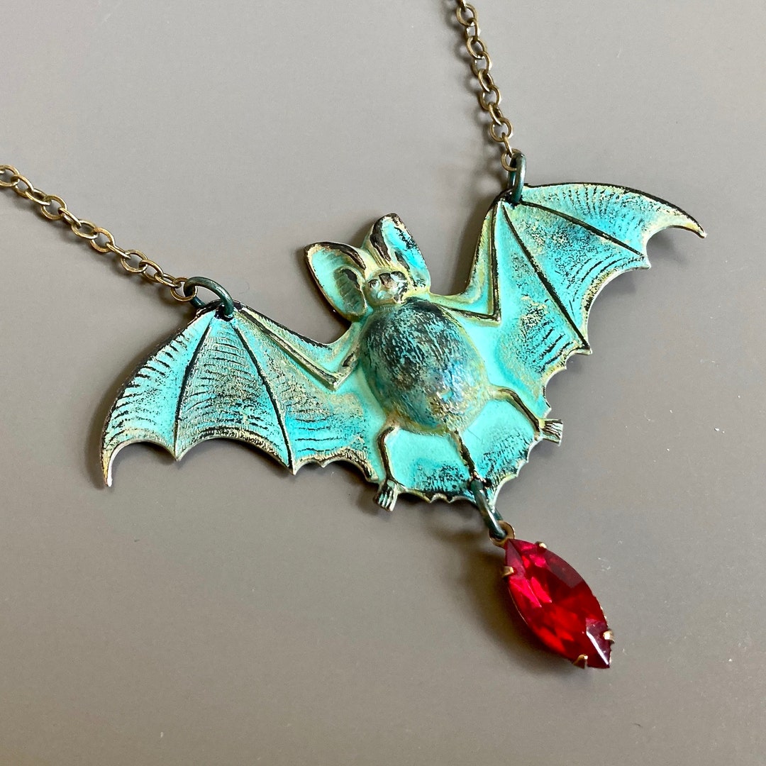 Vampire Bat Necklace Verdigris, Patina Jewelry, Blood Red Jewel ...