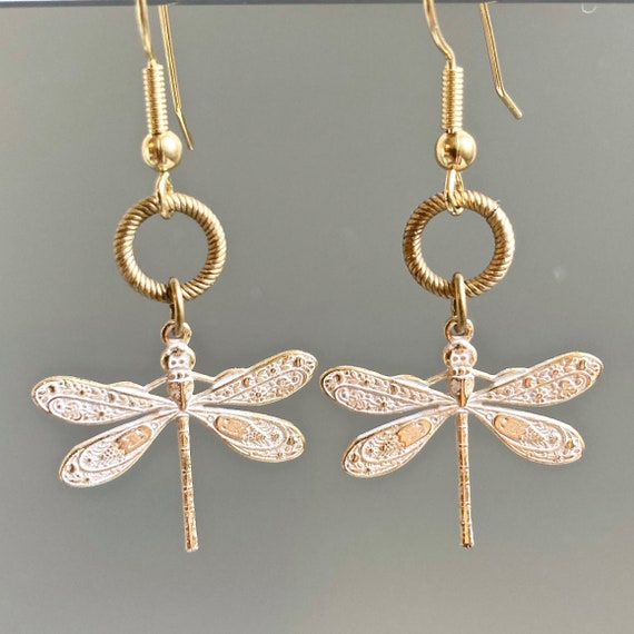 White Dragonfly Earrings Dragonfly Jewelry Nature Jewelry Garden Jewelry White and Gold Earrings Dragonfly Gift Gift for Woman Etsy