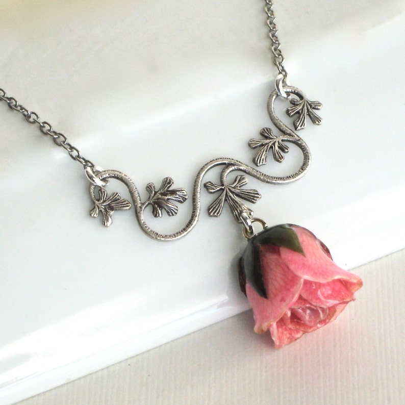 Real Pink Rosebud Necklace Real Flower Jewelry Nature Etsy