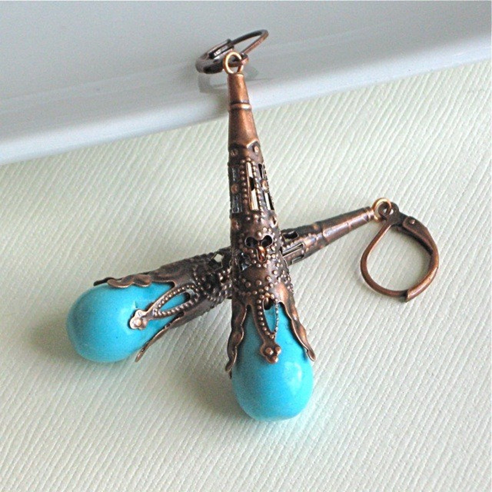 Turquoise Trumpet Earrings - Copper Filigree Earrings, Long Earrings ...