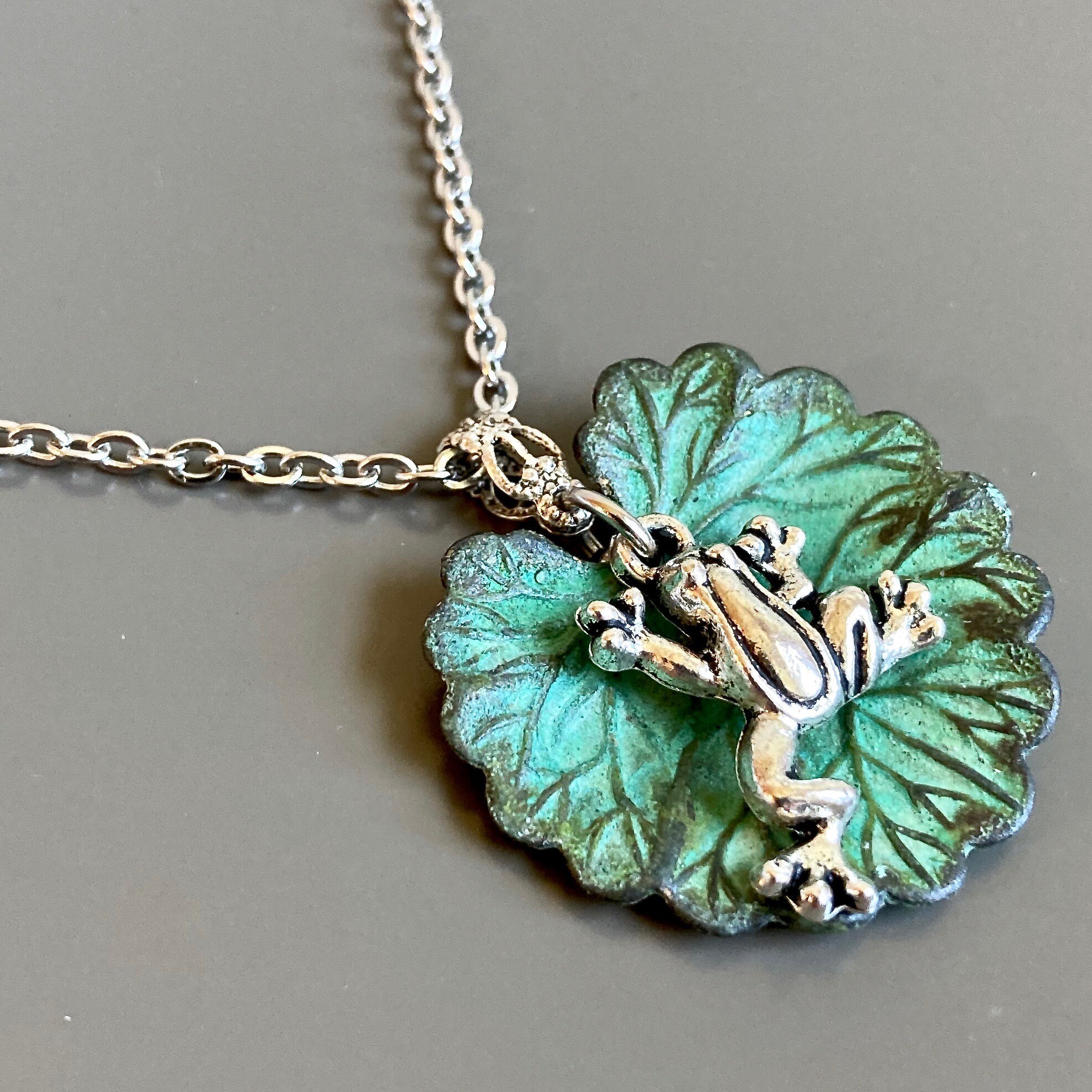 Frog Leaf Necklace Patina Leaf Jewelry Frog Jewelry | Etsy