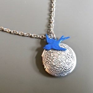 Blue Bird Locket Necklace - Small Locket Necklace, Silver Locket ...