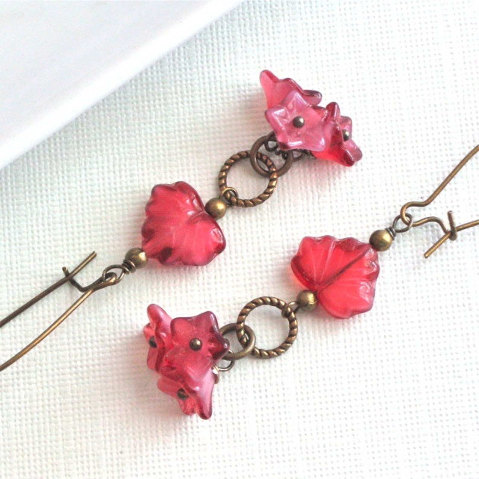 Raspberry Flower Earrings Czech Glass Earrings Maple Leaf | Etsy