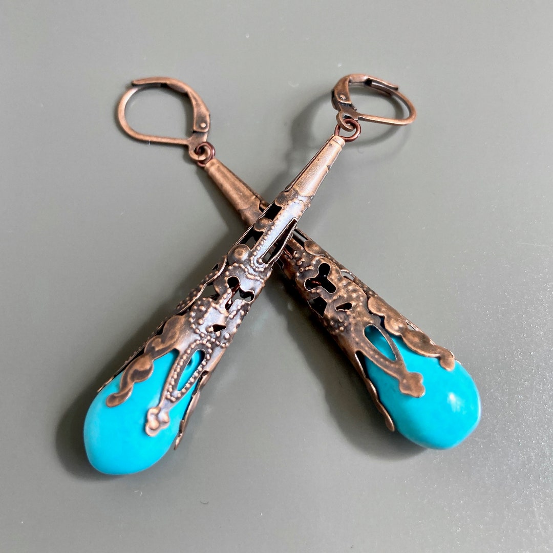 Turquoise Trumpet Earrings - Copper Filigree Earrings, Long Earrings ...
